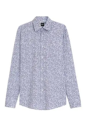 BOSS Floral-print Slim-fit Shirt In Stretch-cotton Poplin - Light Blue