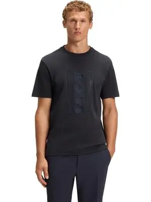 BOSS Interlock-cotton T-shirt With Mesh-print Artwork - Dark Blue