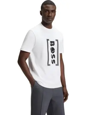 BOSS Interlock-cotton T-shirt With Mesh-print Artwork - White