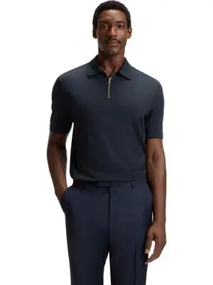 BOSS Piqué Polo Shirt With Zip Neck - Dark Blue