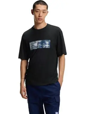 Hugo Printed-artwork T-shirt In Cotton Terry - Black