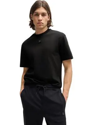 Hugo Interlock-cotton T-shirt With Metallic Stacked-logo Badge Black