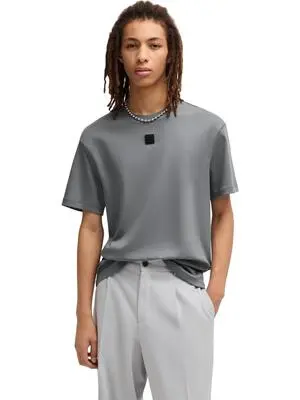 Hugo Interlock-cotton T-shirt With Metallic Stacked-logo Badge Light Grey