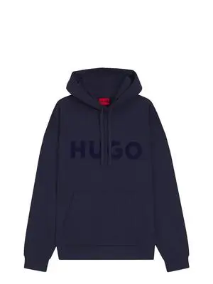 Hugo Cotton Terry Hoodie With Tonal Logo - Dark Blue