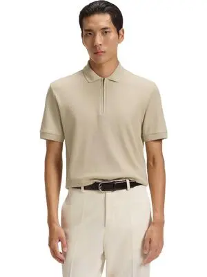 BOSS Zip-placket Polo Shirt In Structured Cotton Light Beige