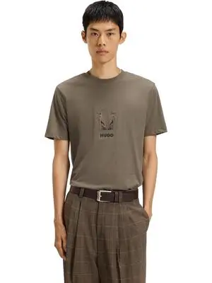 Hugo Cotton-jersey T-shirt With Embroidered Logo Artwork - Brown