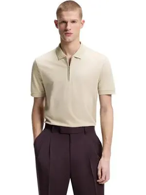 BOSS Zip-placket Polo Shirt In A Cotton Blend - Light Beige