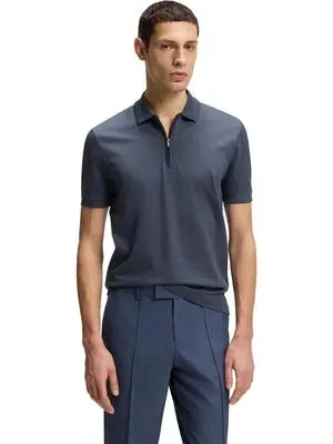 BOSS Zip-placket Polo Shirt In A Cotton Blend - Light Blue