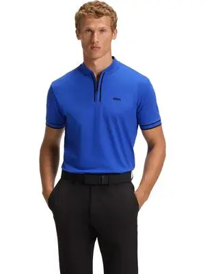 BOSS Zip-neck Polo Shirt In Stretch-cotton Piqu - Blue