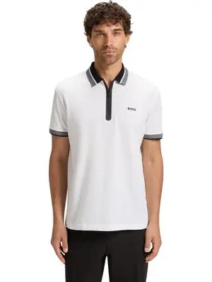 BOSS Zip-placket Polo Shirt In Cotton Piqu - White