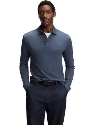 BOSS Long-sleeved Polo Shirt In Interlock Cotton With Logo - Light Blue