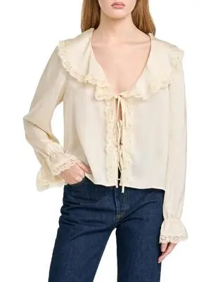 WAYF Lacy Long Sleeve Tie-front Top - Cream