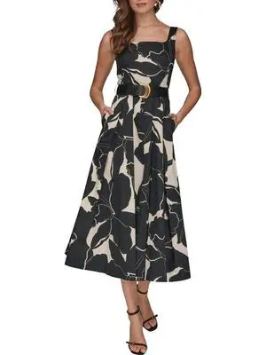 Donna Karan New York Belted Fit & Flare Midi Dress - Black/parchment
