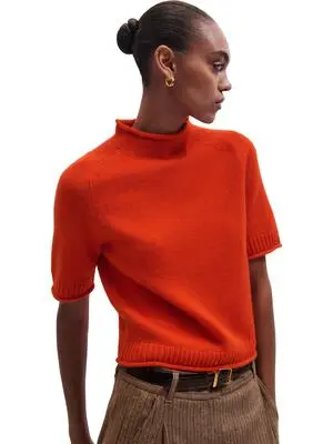 ME+EM Cashmere Roll Trim Knit Tee - Vivid Orange