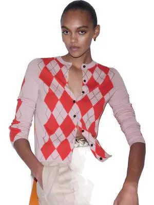 ME+EM Fine Argyle Slim Knit Cardigan - Smoke Pink/poppy Red