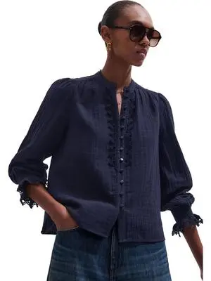 ME+EM Cheesecloth Blouse With Embroidered Trims - Navy