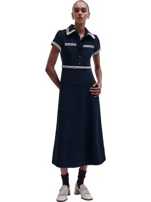 ME+EM Fit + Flare Fray Trim Midi Dress - Navy