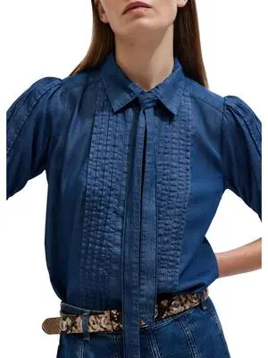 ME+EM Chambray Pintucked Blouse With Tie Detail - Chambray Blue