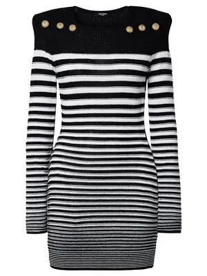 Balmain Button-embellished Striped Ribbed Mini Dress - Black