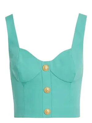 Balmain Cropped Grain De Poudre Wool Bustier Top Jade