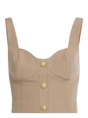 Balmain Cropped Grain De Poudre Wool Bustier Top Taupe