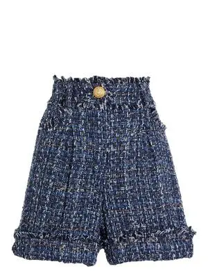 Balmain Frayed Metallic Bouclé-tweed Shorts - Navy
