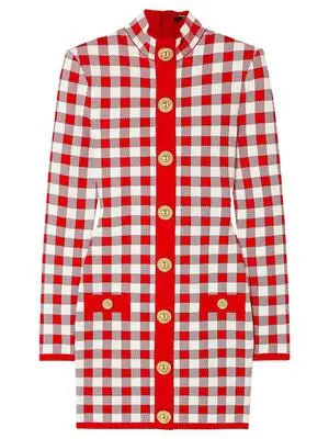 Balmain Button-Embellished Gingham Jacquard-Knit Mini Dress Red