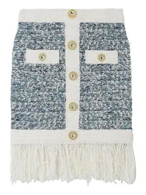 Balmain Frayed Tweed Mini Skirt With Button Embellishments - Blue