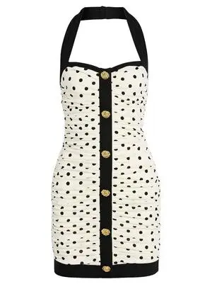 Balmain Ruched Polkadot Jersey Halterneck Mini Dress - White
