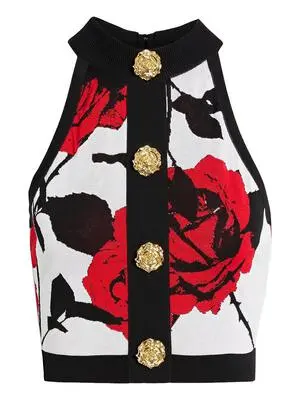 Balmain Cropped Floral Jacquard-knit Halterneck Top - Red