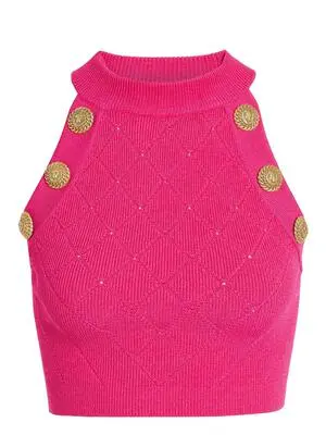 Balmain Cropped Pointelle-knit Top - Bright Pink