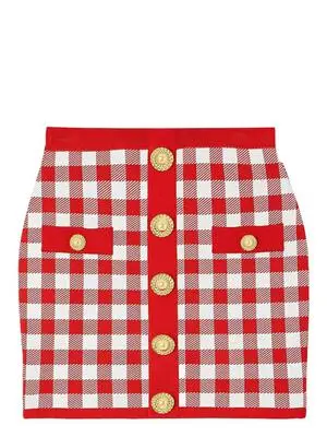 Balmain Gingham Jacquard-knit Mini Skirt With Button Embellishments - Red