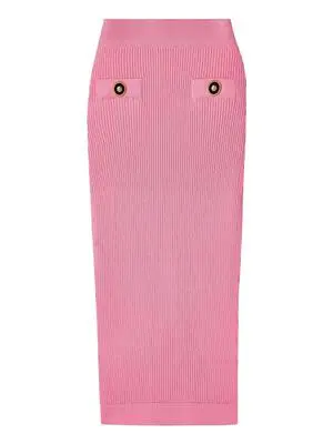 Balmain Button-embellished Ribbed-knit Midi Skirt - Pink
