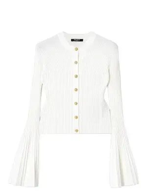 Balmain Pleated Ribbed-Knit Cardigan White