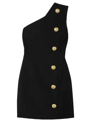 Balmain One-shoulder Grain De Poudre Wool Mini Dress With Button Embellishments - Black
