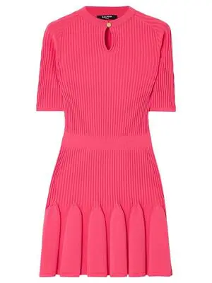 Balmain Pleated Ribbed-knit Mini Dress - Coral