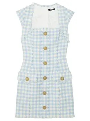 Balmain Frayed Gingham Cotton-blend Tweed Mini Dress - Light Blue