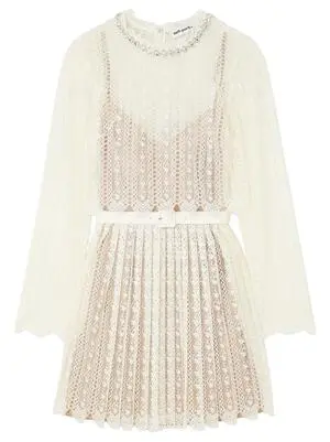 SELF-PORTRAIT Belted Crystal-embellished Pleated Lace Mini Dress - Cream