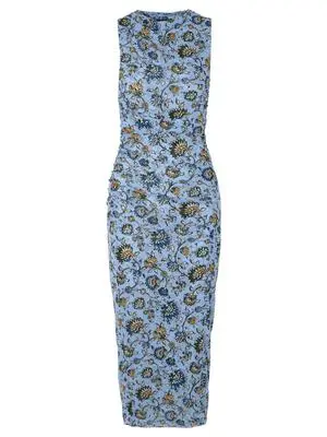 Veronica Beard Sylviani Ruched Floral-print Stretch-tulle Midi Dress - Blue