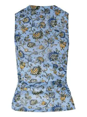Veronica Beard Sylviani Ruched Floral-print Stretch-tulle Tank - Blue