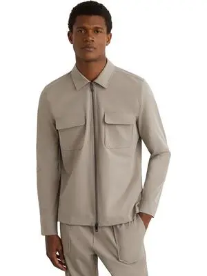 REISS Ascend Technical Zip-through Overshirt - Taupe Brown