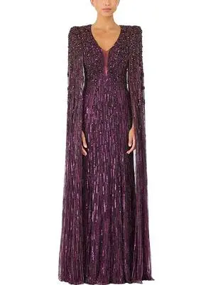 Jenny Packham Beaded Cape Maxi Gown - Purple Muscadine