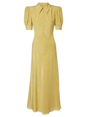 Alessandra Rich Floral Silk Midi Dress - Yellow