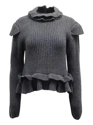 GANNI Ribbed-knit Ruffled Sweater - Grey