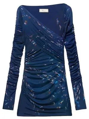 Blumarine Printed Draped Dress - Blue
