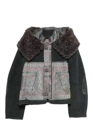 HUI MILANO Fur-collar Patterned Jacket - Grey