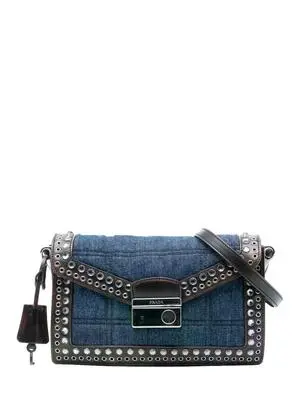 Prada Studded Denim Sound Lock Crossbody Bag - Blue