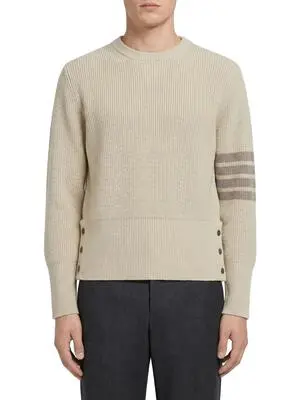 Thom Browne Ribbed Sweater With Signature Stripes - Beige