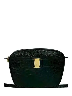 FERRAGAMO Embossed Leather Vara Crossbody Bag - Black