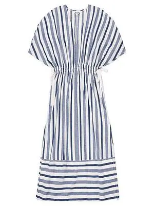 RO&ZO Striped V-neck Linen-cotton Midi Dress - Blue